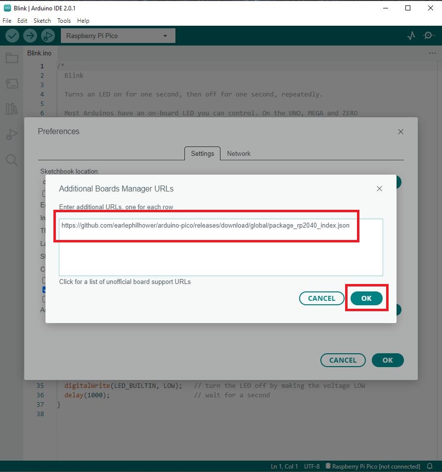 Arduino IDE prepare for Pico | Andino